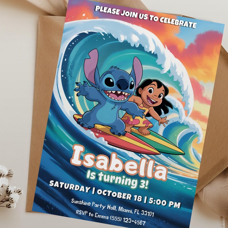 Stitch Birthday Invitation Lilo Surf Hawaiian Tropical Ocean Kids Party ...
