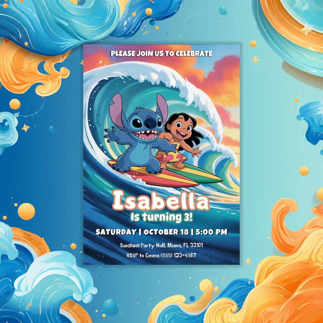 Stitch Birthday Invitation Lilo Surf Hawaiian Tropical Ocean Kids Party ...