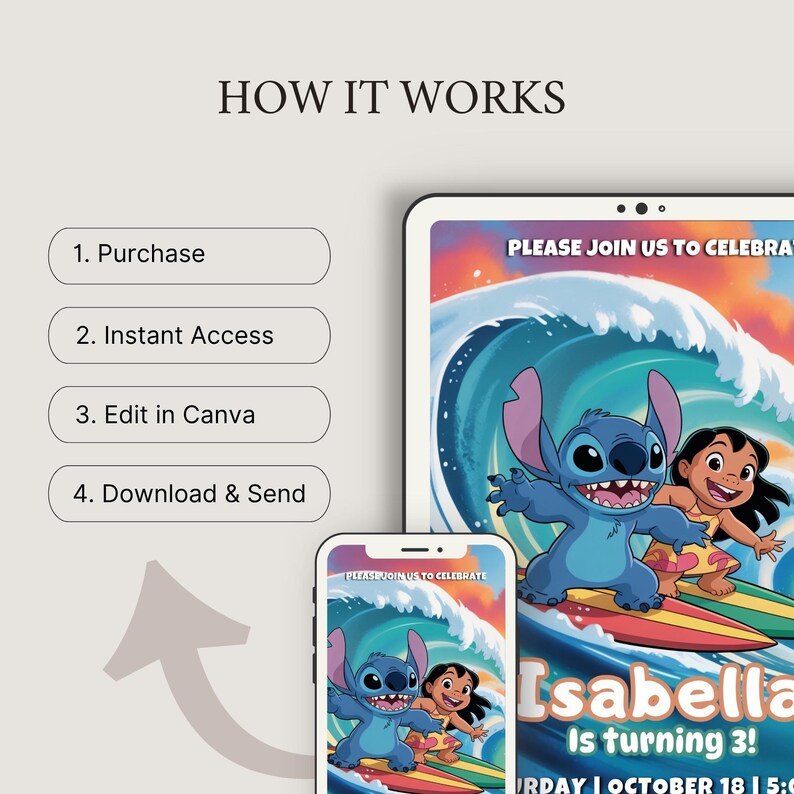 Stitch Birthday Invitation Lilo Surf Hawaiian Tropical Ocean Kids Party ...