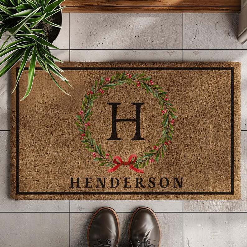 Personalized Christmas Wreath Doormat- Holiday Mat- Christmas Door ...