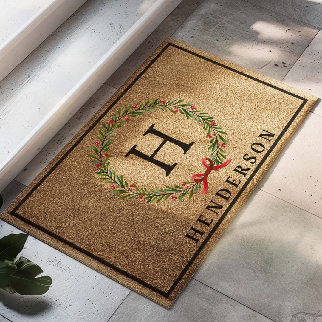 Personalized Christmas Wreath Doormat- Holiday Mat- Christmas Door ...