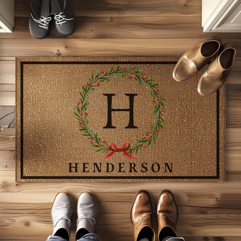 Personalized Christmas Wreath Doormat- Holiday Mat- Christmas Door ...