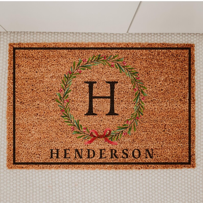 Personalized Christmas Wreath Doormat- Holiday Mat- Christmas Door ...