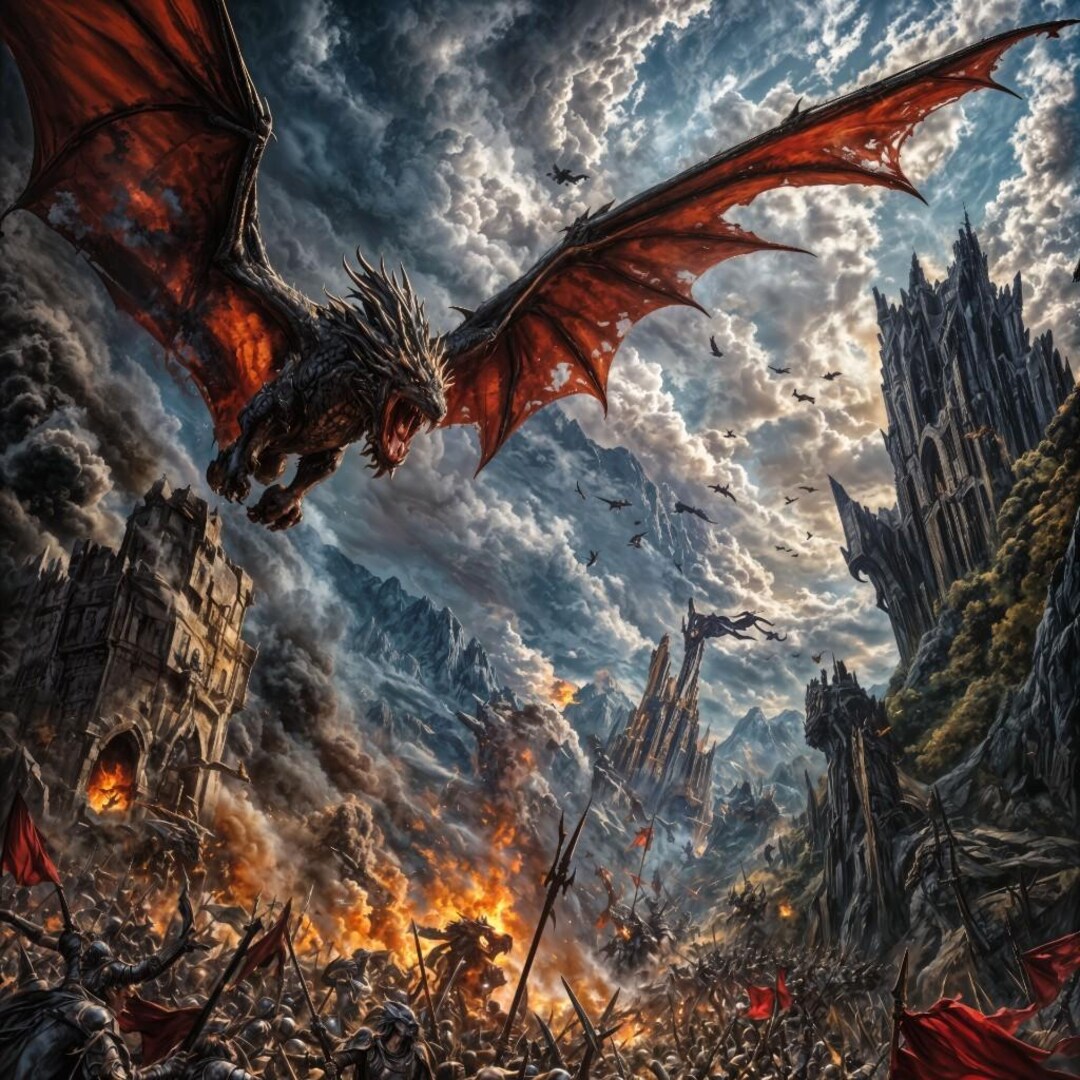 Epic Dragon Battle Art Print: Dark Fantasy Medieval War Scene - Etsy