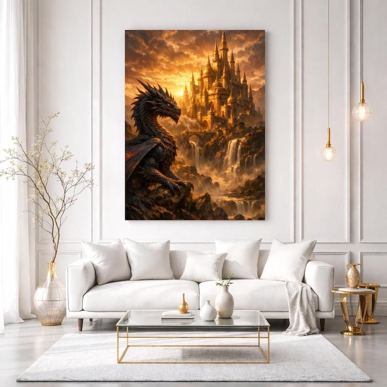 Majestic Dragon Castle Wall Art: Epic Fantasy Sunset Landscape Print ...