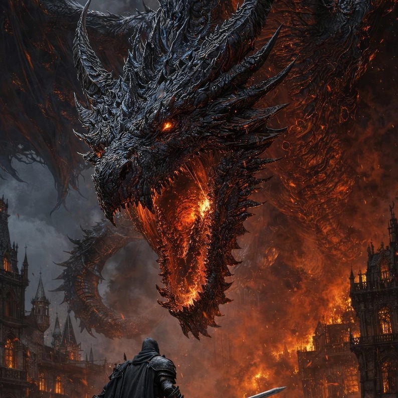 Fire Dragon Print: Dark Fantasy Battle Art Digital Download Epic Gaming ...