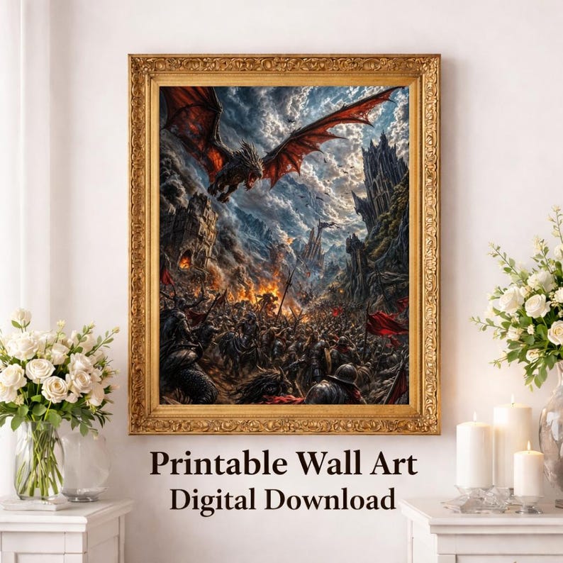 Epic Dragon Battle Art Print: Dark Fantasy Medieval War Scene - Etsy