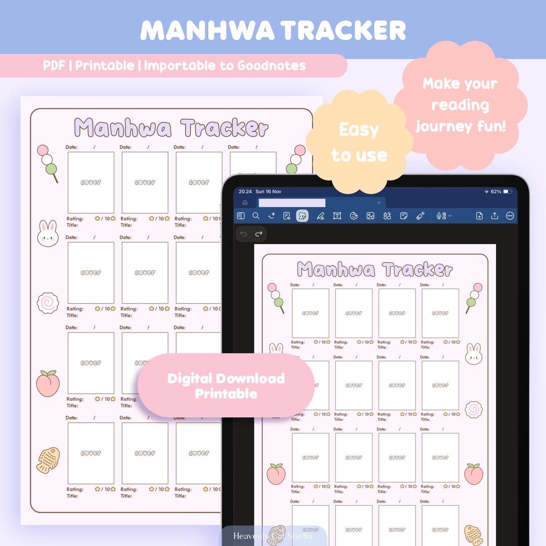 Manhwa Reading Tracker | Digital Template for Goodnotes | Printable PDF ...