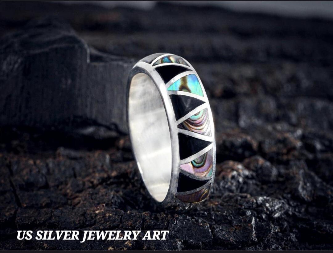 Natural Black Onyx Abalone Shell Sterling Silver Ring, Boho Inlay ...