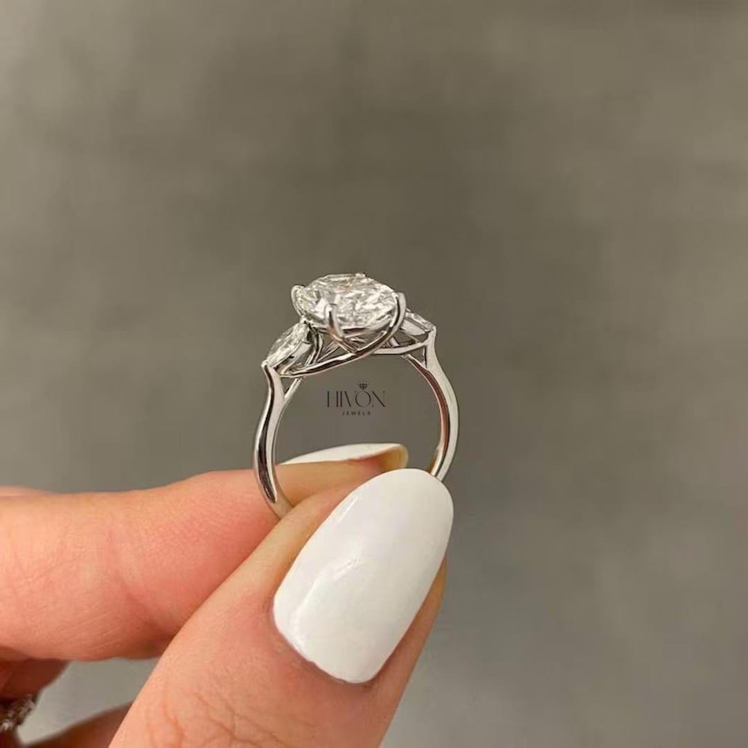 Trellis Setting Three Stone Engagement Ring in White Gold, 3 Carat Oval ...