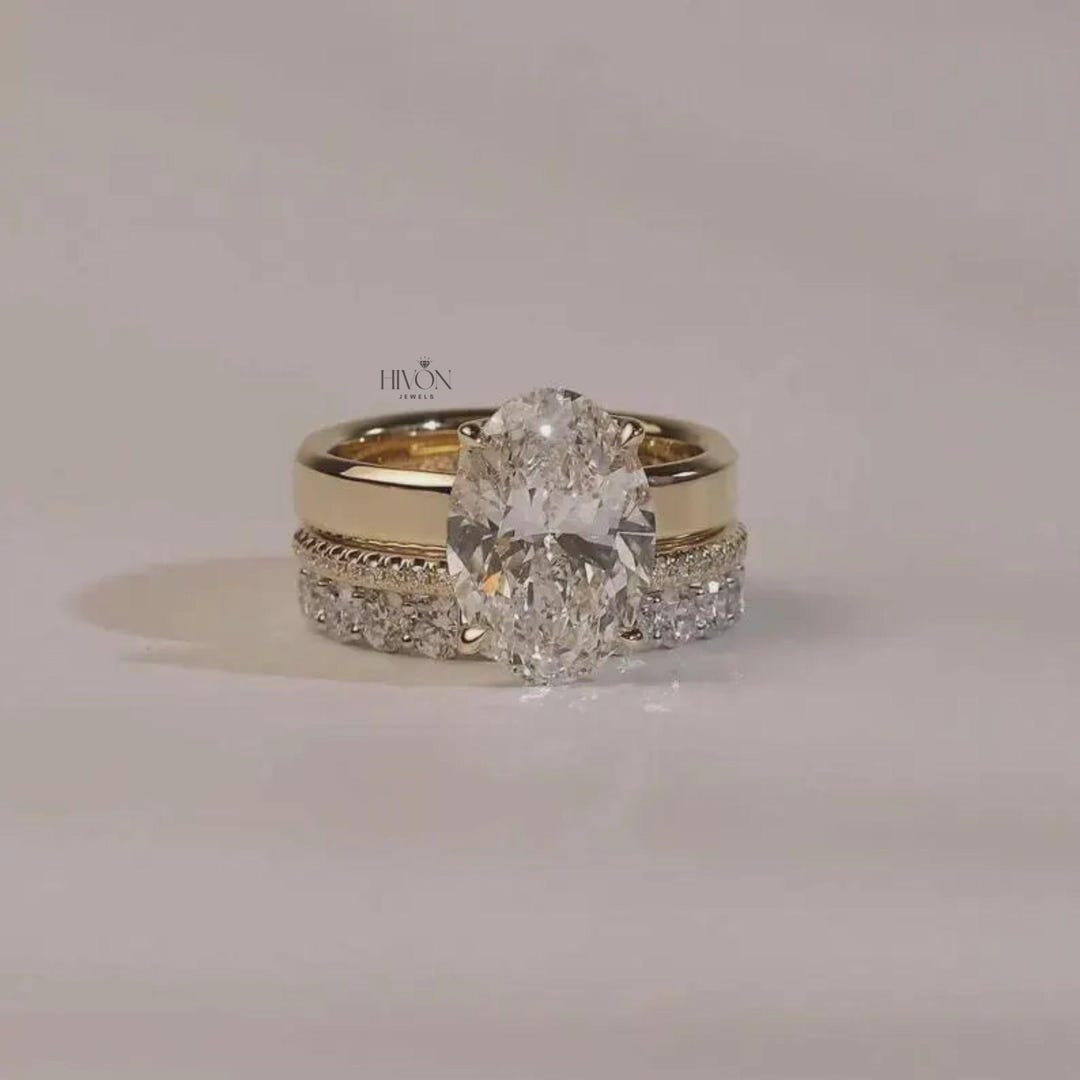 Oval Moissanite Bridal Set Three Ring Wedding Set Solid Gold Wide Cigar ...