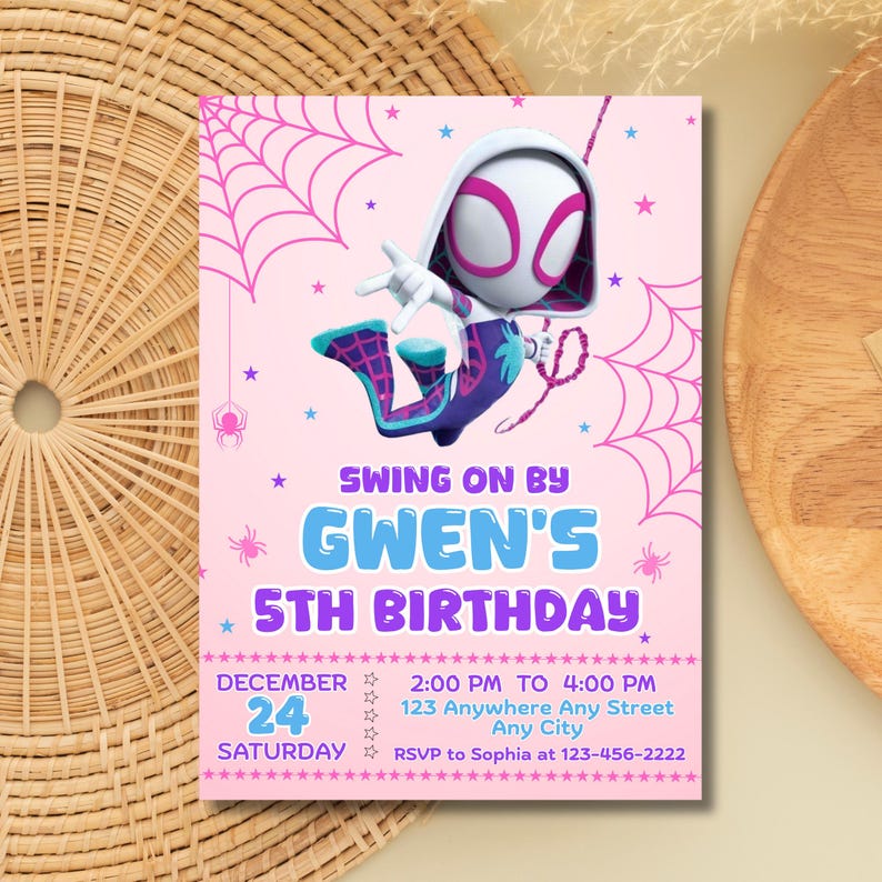 Spider Girl Birthday Invitation: Canva Editable Template , Pink ...
