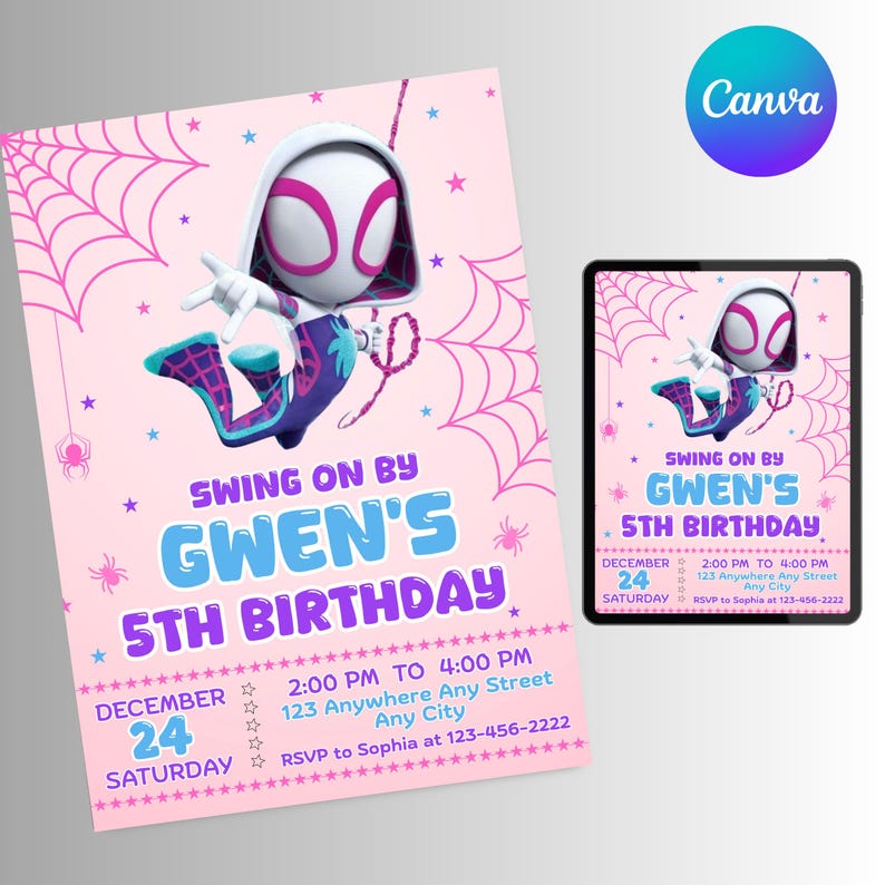 Spider Girl Birthday Invitation: Canva Editable Template , Pink ...
