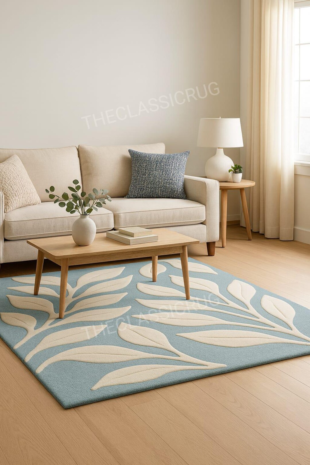 Modern Leaf Design Hand Tufted Rug Blue Botanical Area Rug Minimalist ...