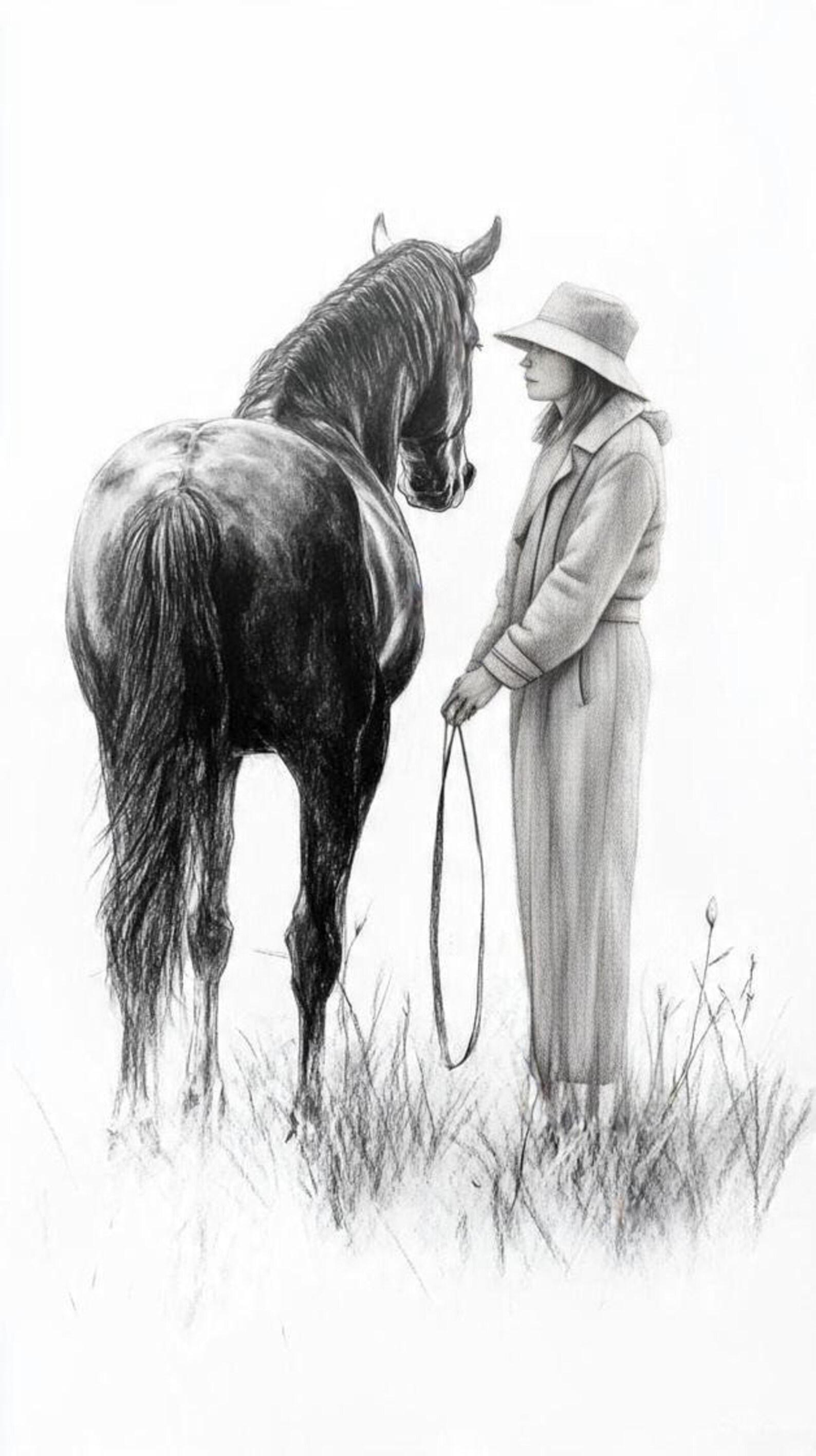 Horse Pencil Drawing Print | Woman and Black Horse Art (digital ...