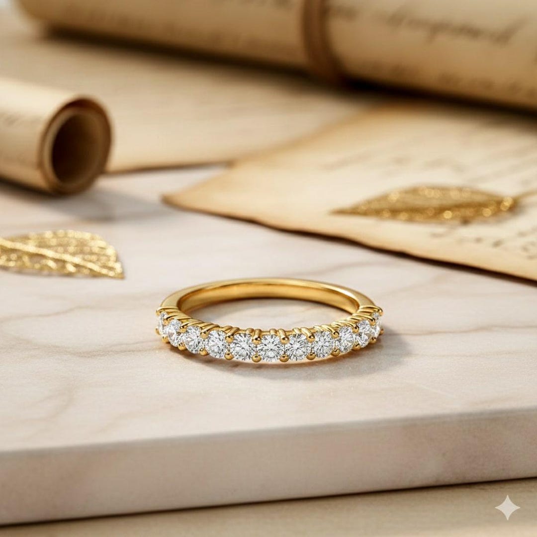 10k Solid Gold Half Eternity Band / Round Shaped Moissanite Wedding ...