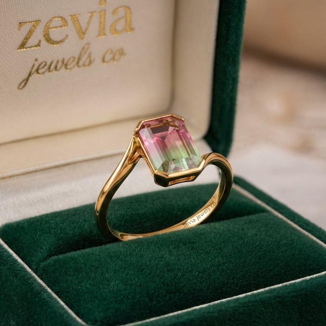 Unique Emerald Cut Watermelon Tourmaline Ring: Half Bezel 14K Sterling ...