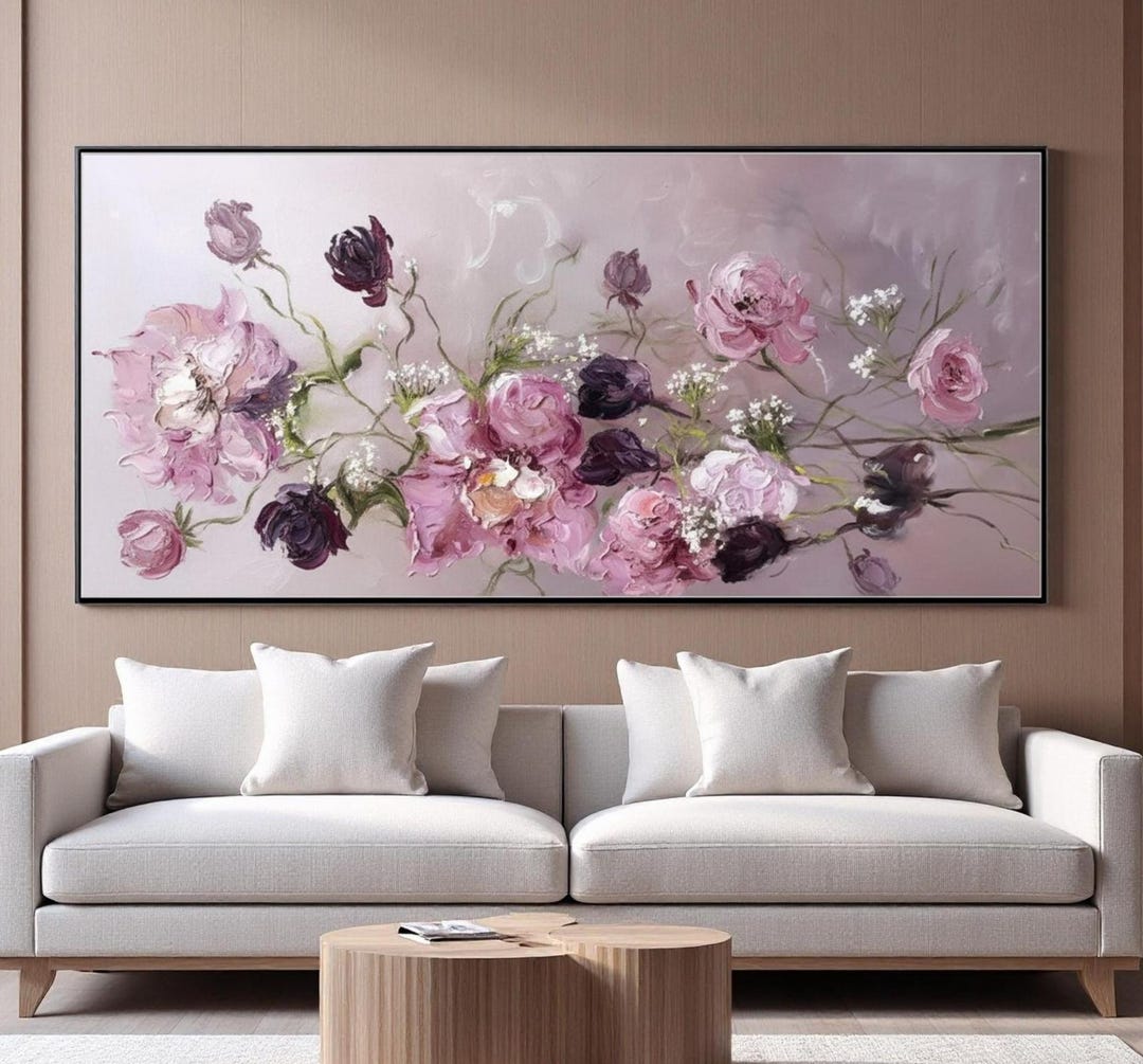 Original Soft Blush & Deep Purple Peony Oil Painting on Canvas, Large ...