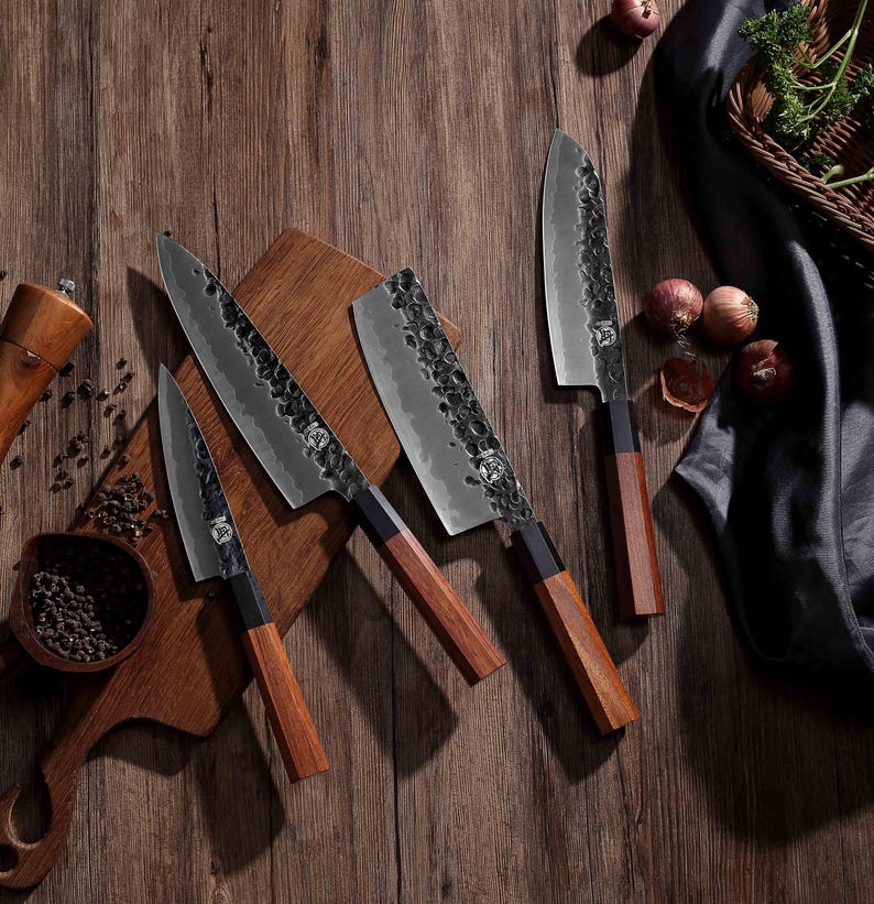 Forged Carbon Steel Japanese Chef Knife Set, Rosewood Handle, 4-piece ...