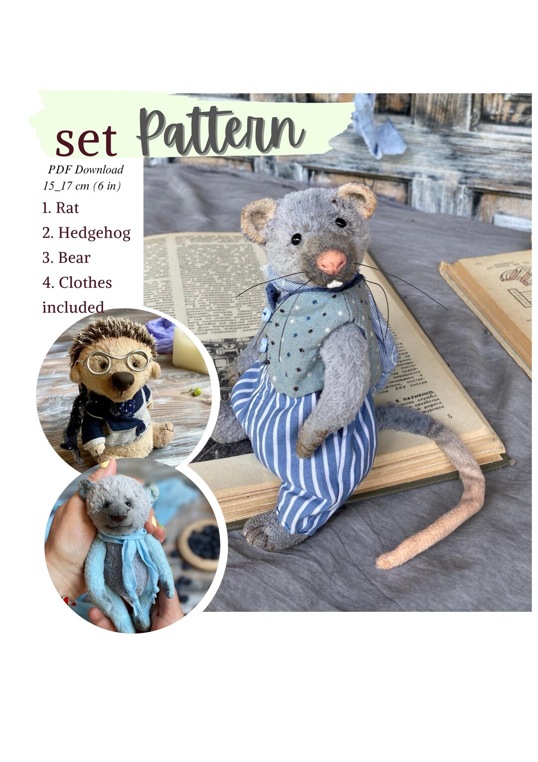 Teddy Bear, Hedgehog, Rat Sewing Pattern Set, 15cm Animal Toys With ...