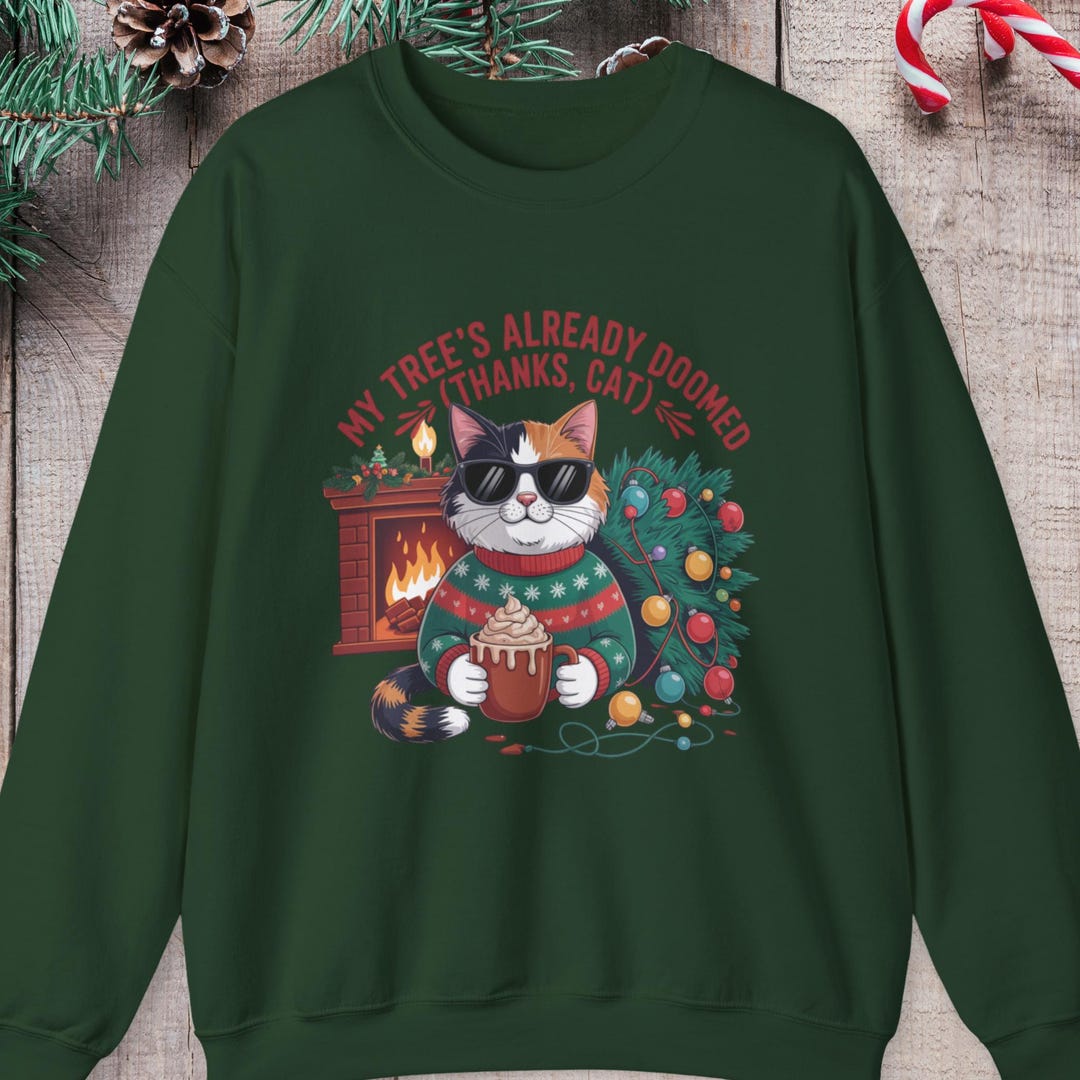 Funny Christmas Tree Doomed Cat Crewneck Sweatshirt, Festive Xmas ...