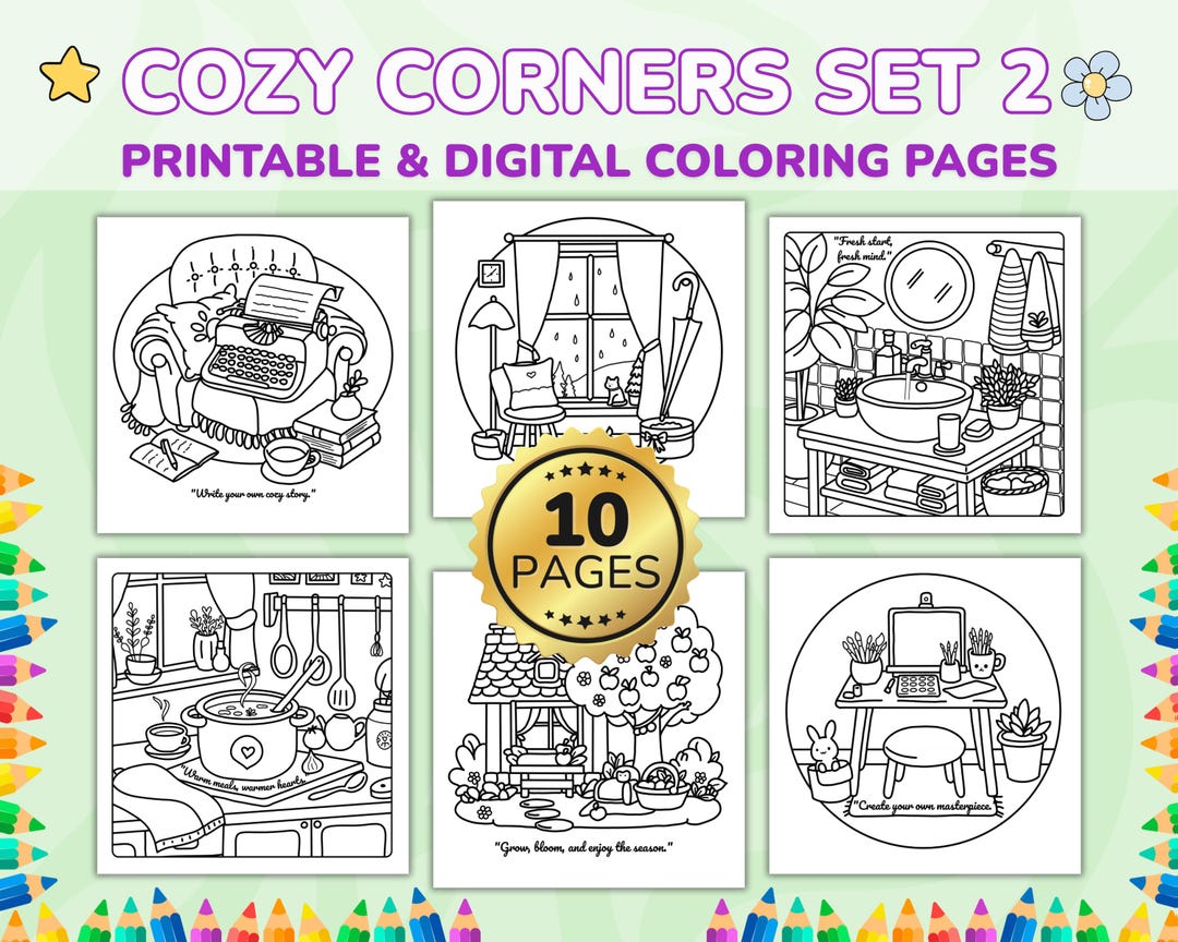 Cozy Corners Set 2 – 10 Cozy Coloring Pages PDF for Relaxation ...