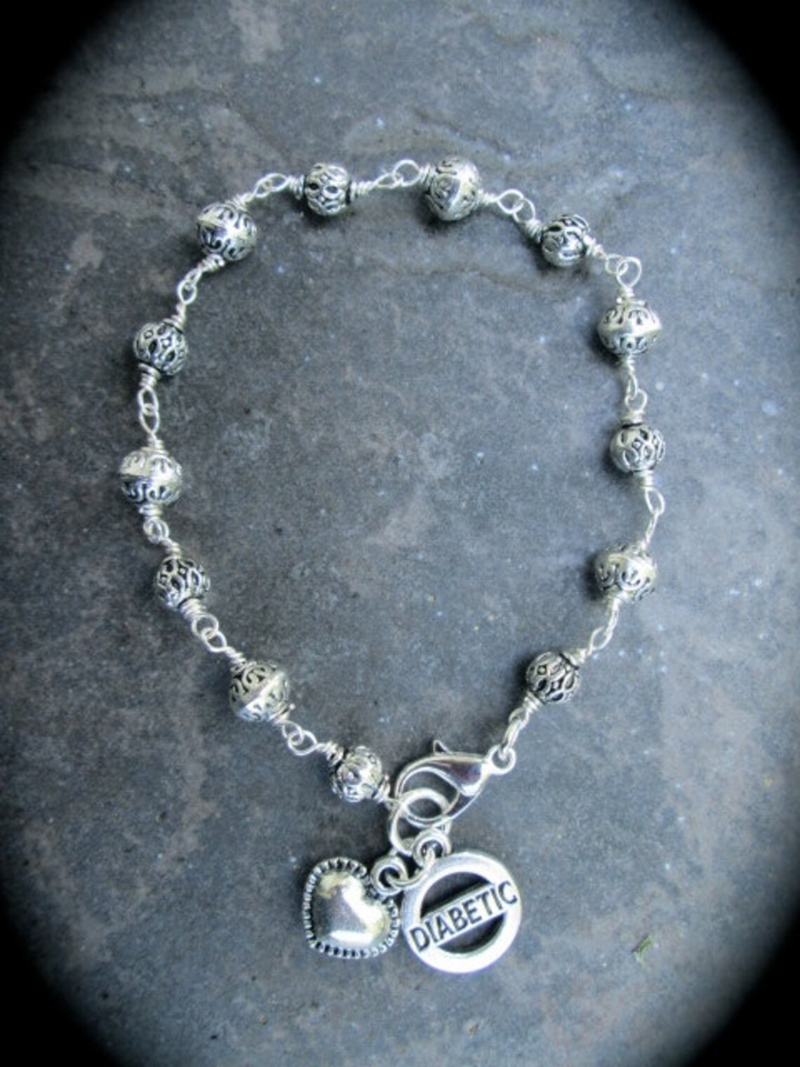 Diabetic Medical Alert Bracelet With Rosary Style Chain and Heart Charm ...