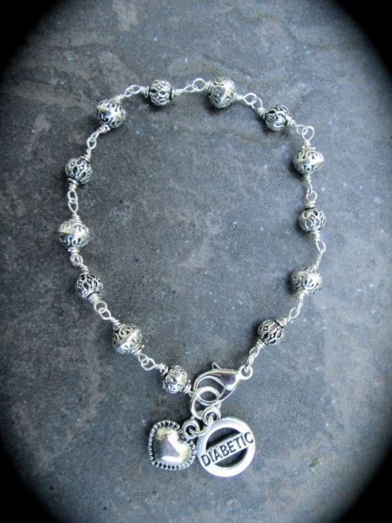 Diabetic Medical Alert Bracelet With Rosary Style Chain and Heart Charm ...