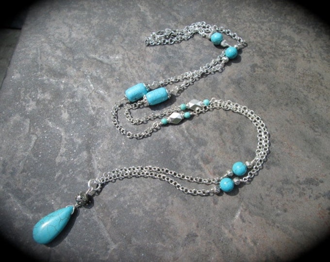 Extra Long Turquoise Necklace With Teardrop Pendant 34" With 3 ...