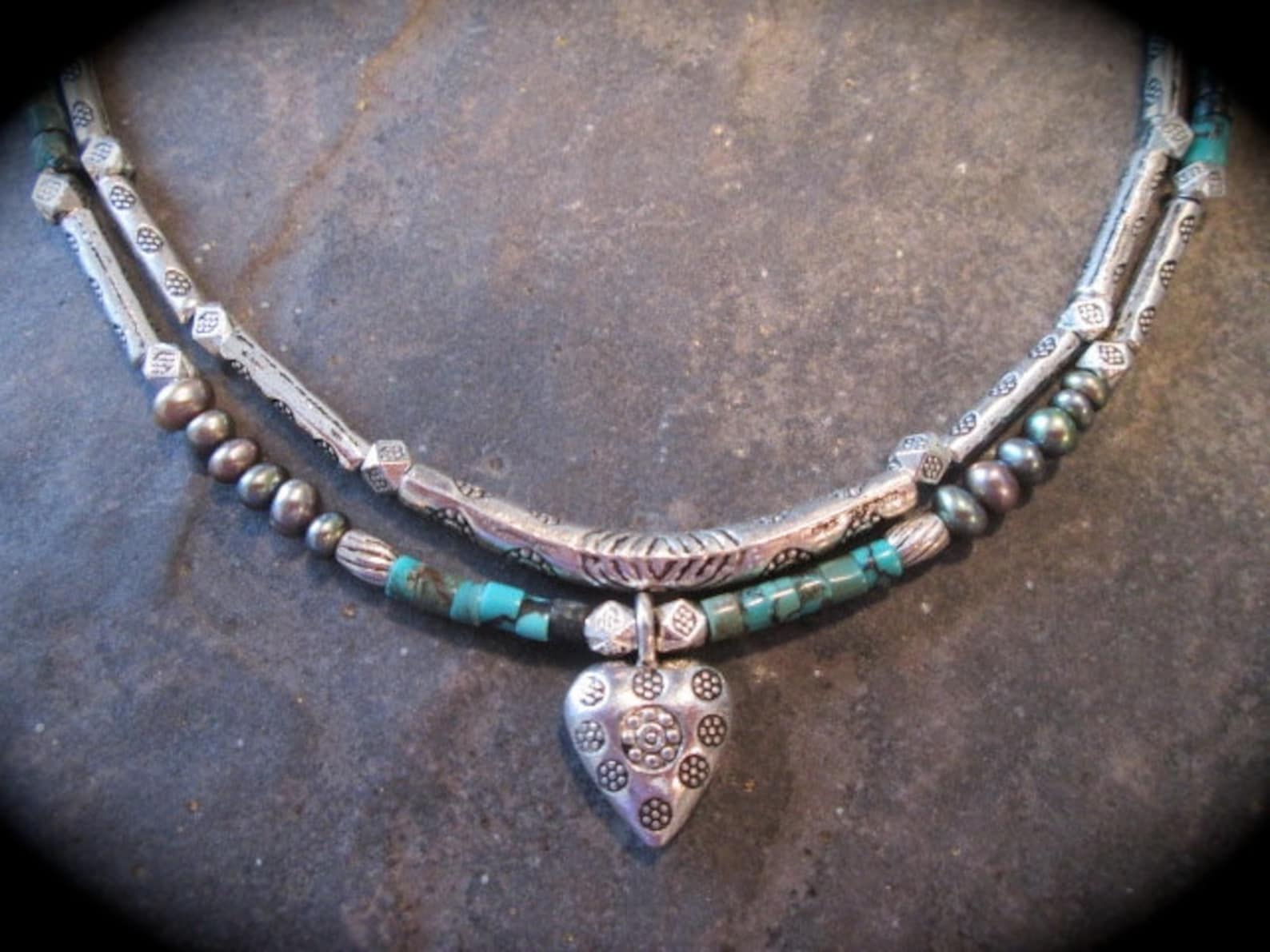 African Turquoise and Freshwater Pearl Double Strand Necklace With ...
