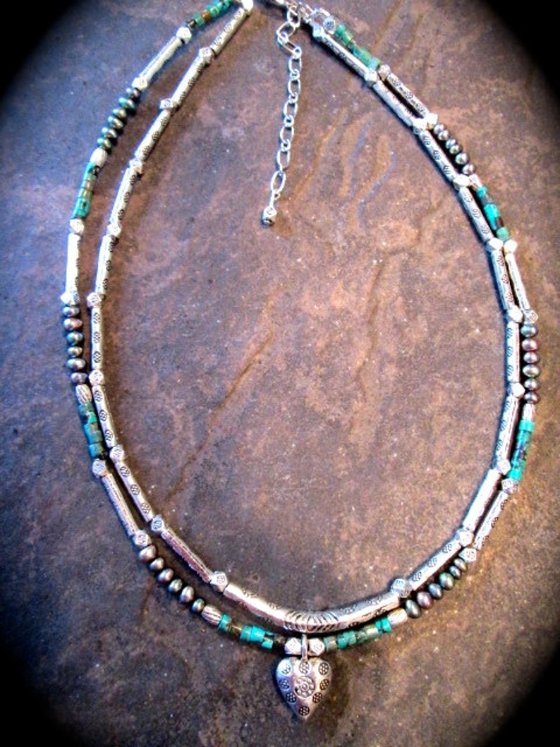 African Turquoise and freshwater pearl double strand necklace | Etsy