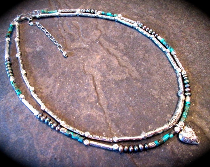 African Turquoise and Freshwater Pearl Double Strand Necklace - Etsy