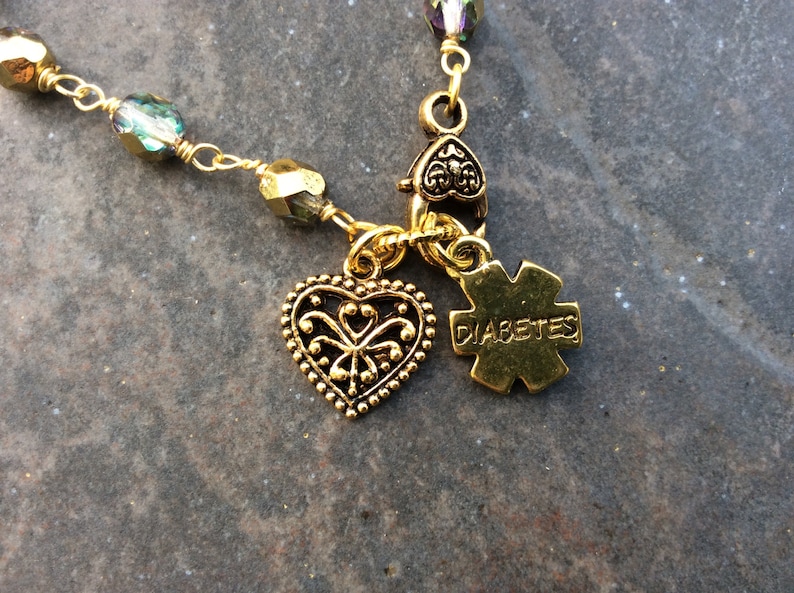 Gold Diabetic Medical Alert Bracelet With Rosary Style Chain and Heart ...