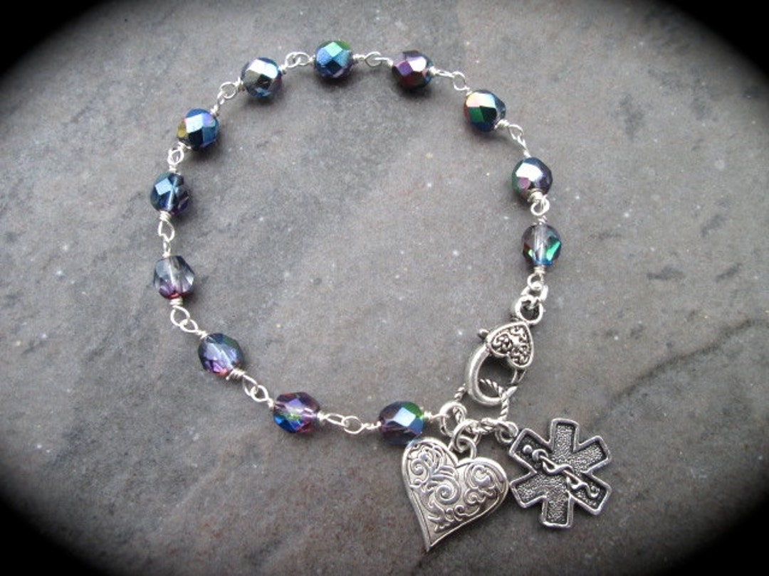 Diabetic Medical Alert Bracelet With Rosary Style Chain and Heart Charm ...