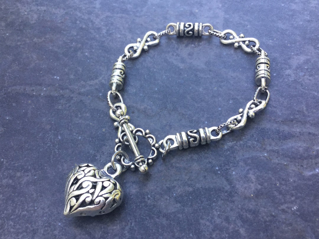 Silver Filigree Heart Bracelet Toggle Clasp 8" - Etsy