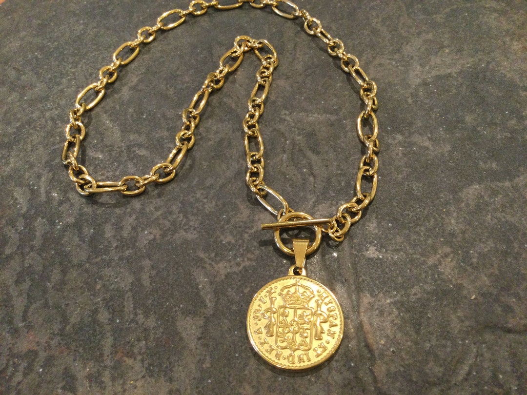 Gold Coin Necklace With Toggle Clasp and Chunky Links 20” - Etsy