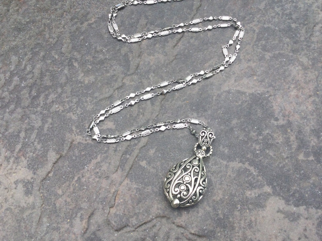 Extra Long Filigree Necklace With Puffed Silver Ball Pendant 36” With ...