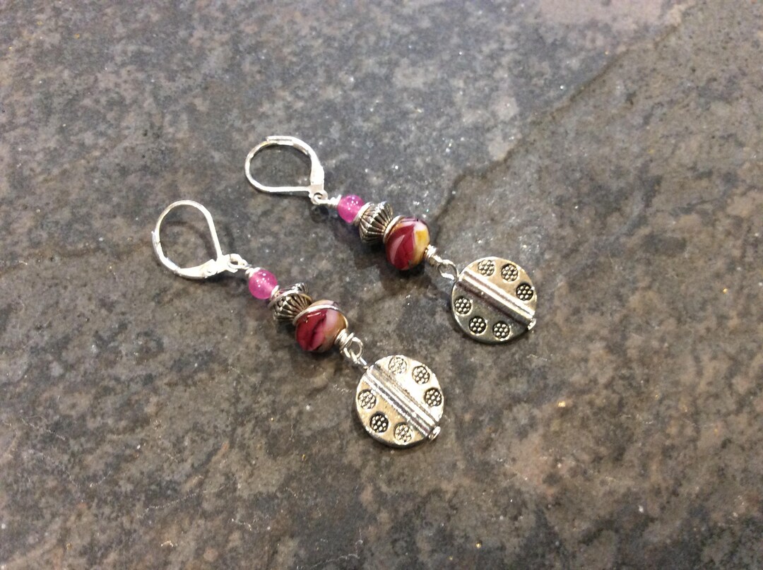 Pink Dangle Earrings With Leverback Closures and Karen Hill Tribe Disk ...