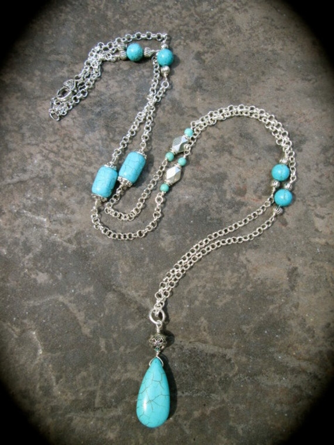 Extra Long Turquoise Necklace With Teardrop Pendant 34" With 3 ...
