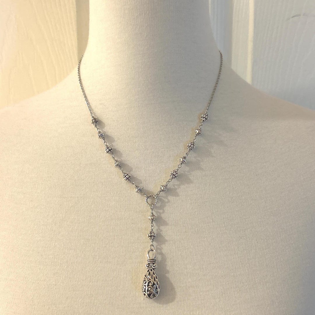 Y Style Teardrop Necklace With Rosary Style Chain and Silver Filigree ...