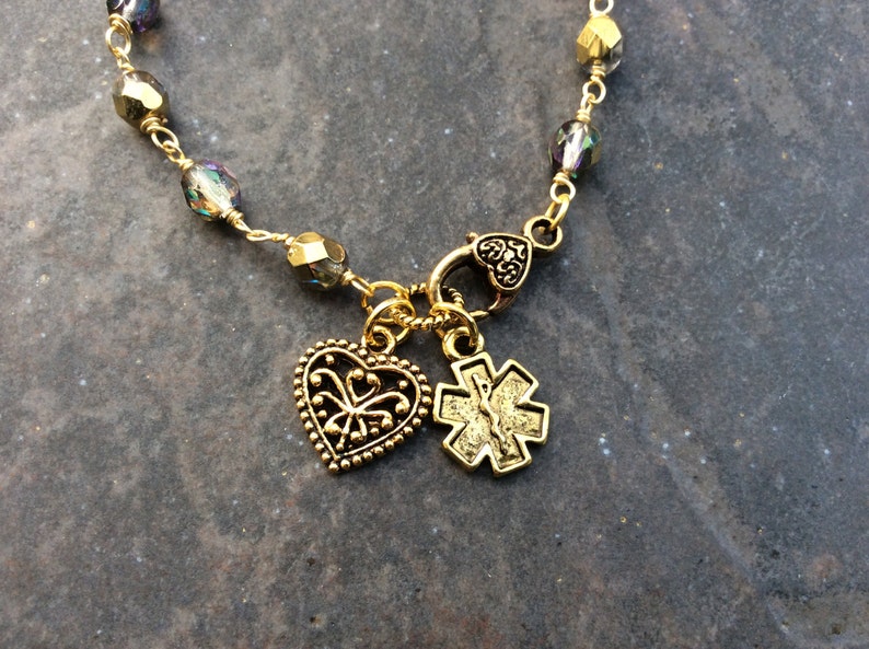 Gold Diabetic Medical Alert Bracelet With Rosary Style Chain and Heart ...