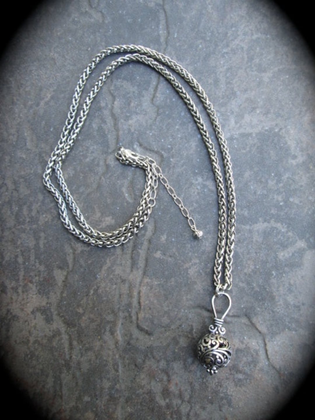 Extra Long Filigree Necklace With Puffed Silver Ball Pendant 31 With 3 ...