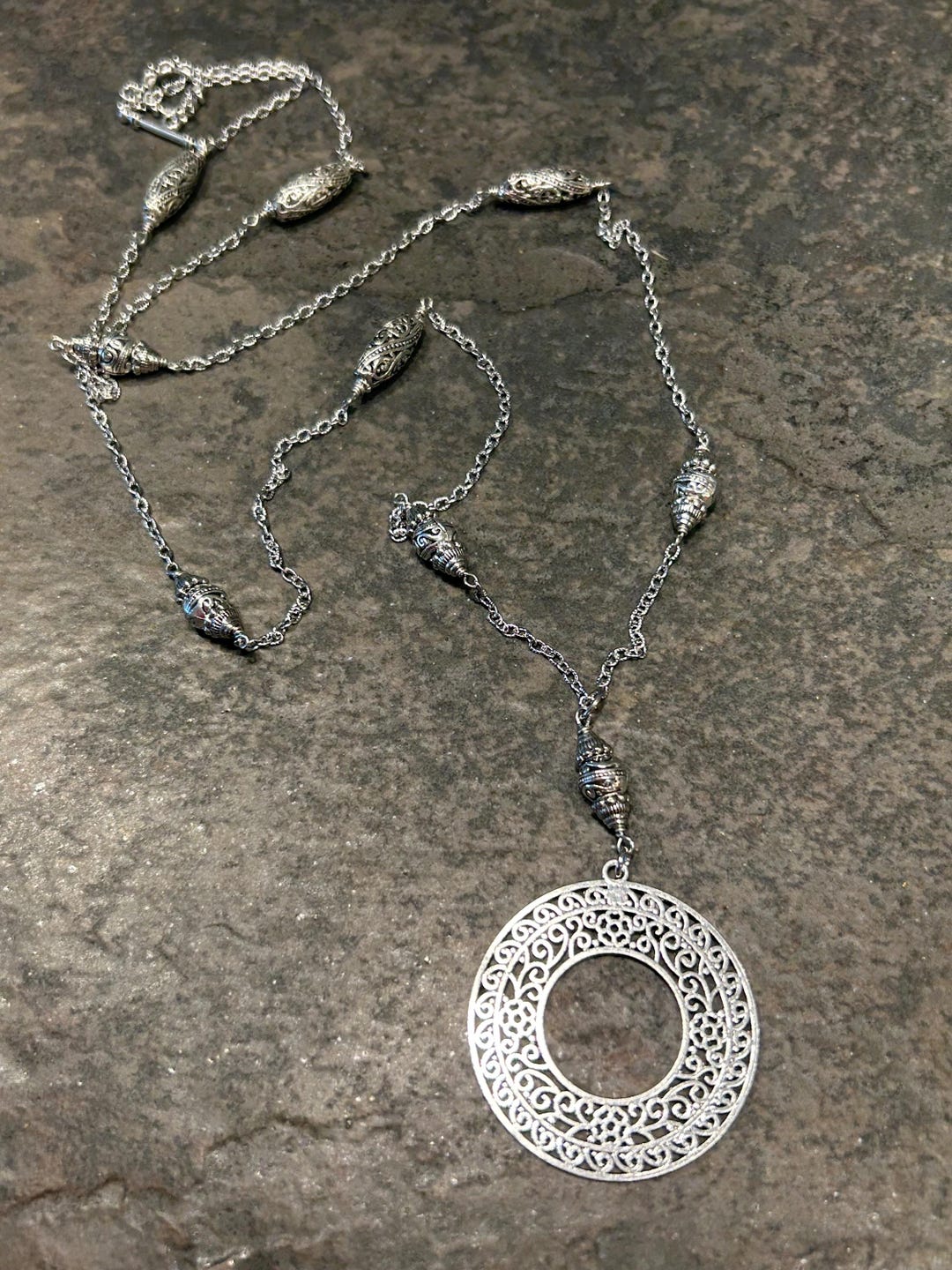 Extra Long Silver Filigree Necklace With Circle Pendant and Toggle ...