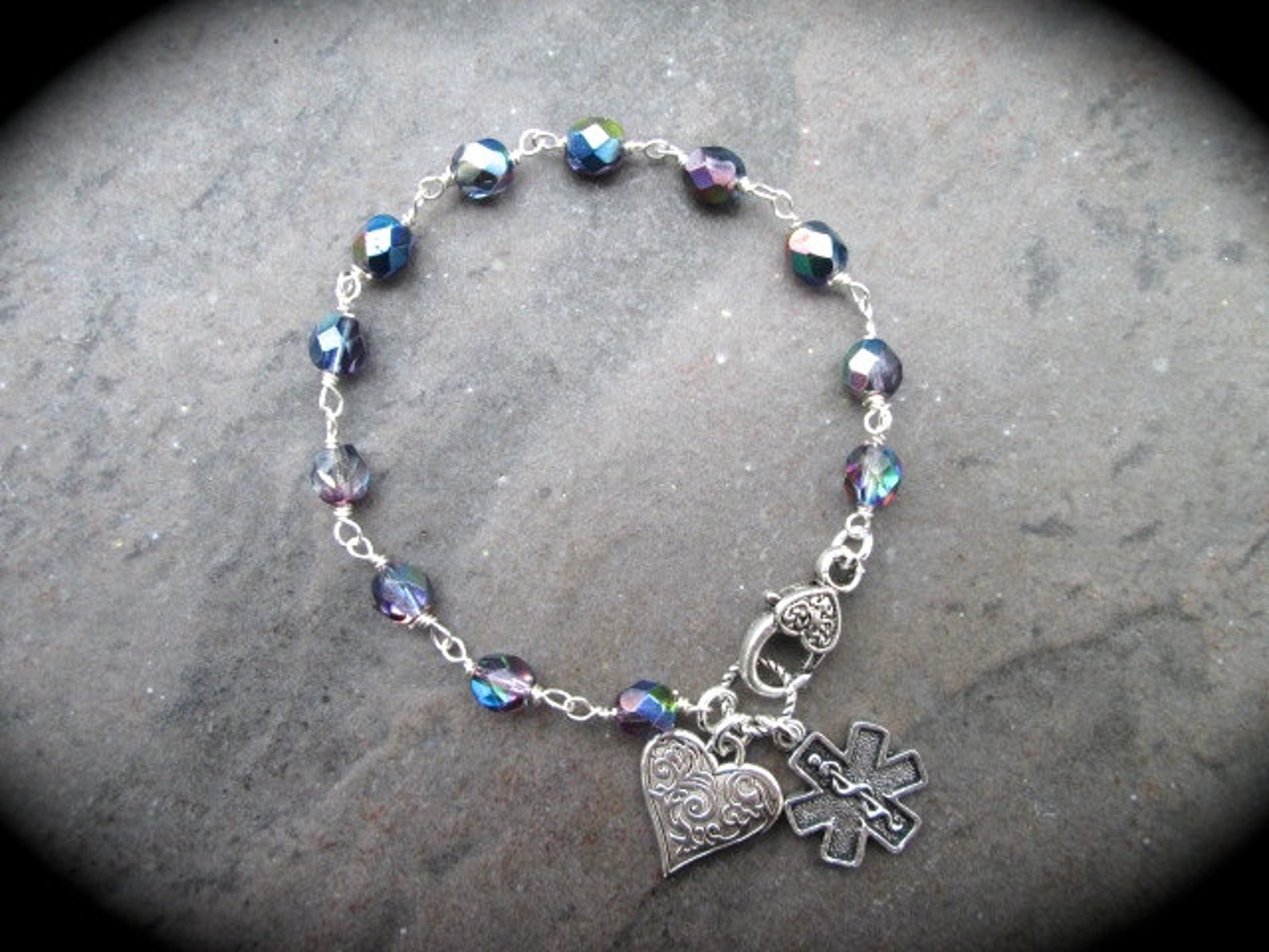 Diabetic Medical Alert Bracelet With Rosary Style Chain and Heart Charm ...