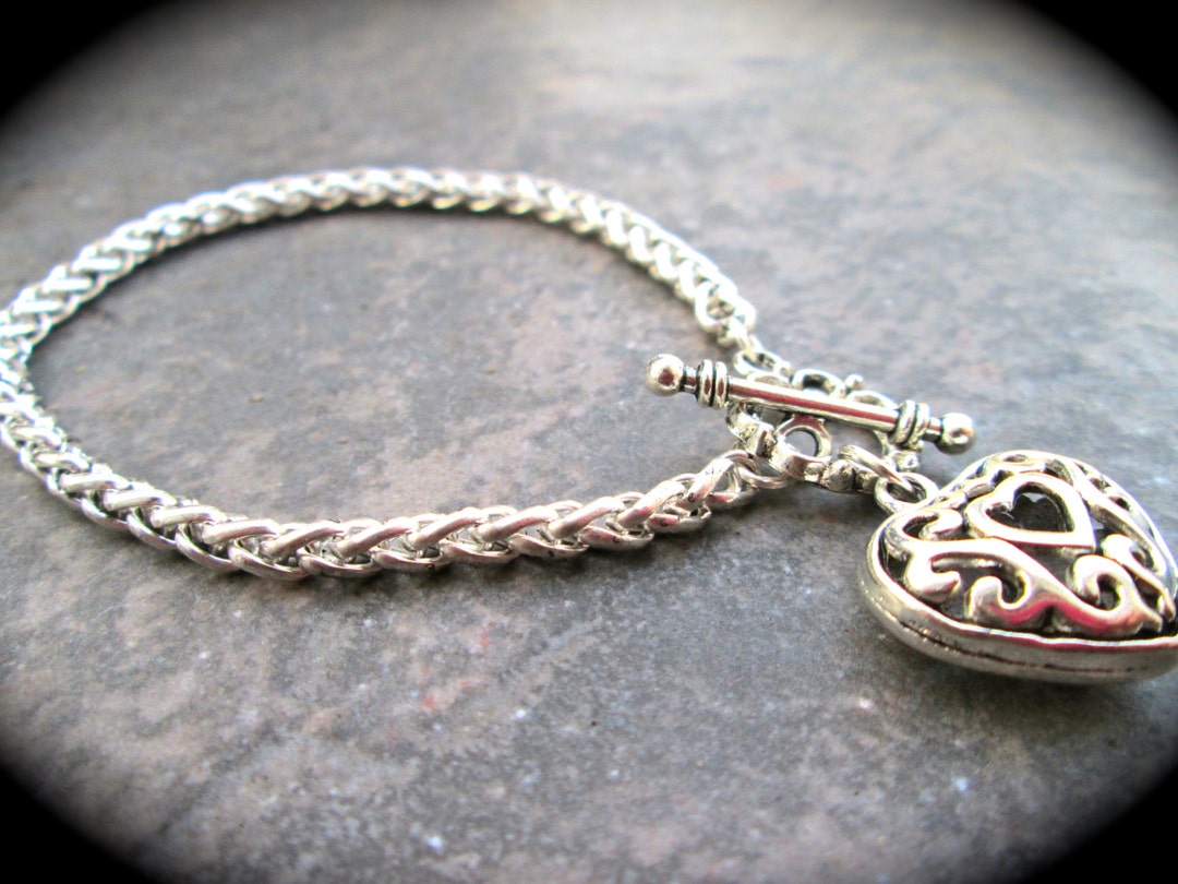 Silver Filigree Heart Bracelet With Foxtail Chain and Toggle Clasp 7 1 ...