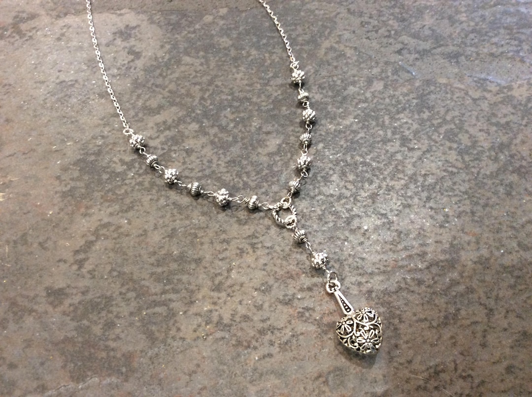 Y Style Heart Necklace With Rosary Style Chain and Silver Filigree ...