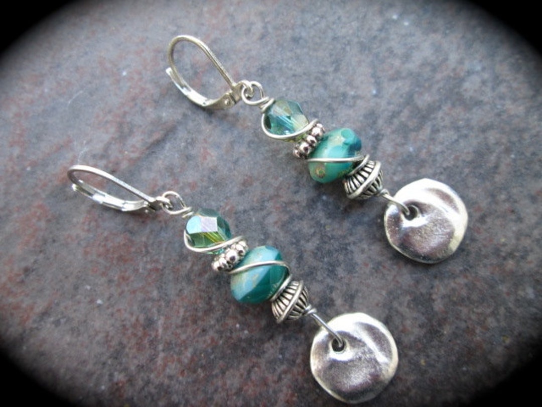 Blue Green Turquoise Dangle Earrings With Leverback Closures and ...