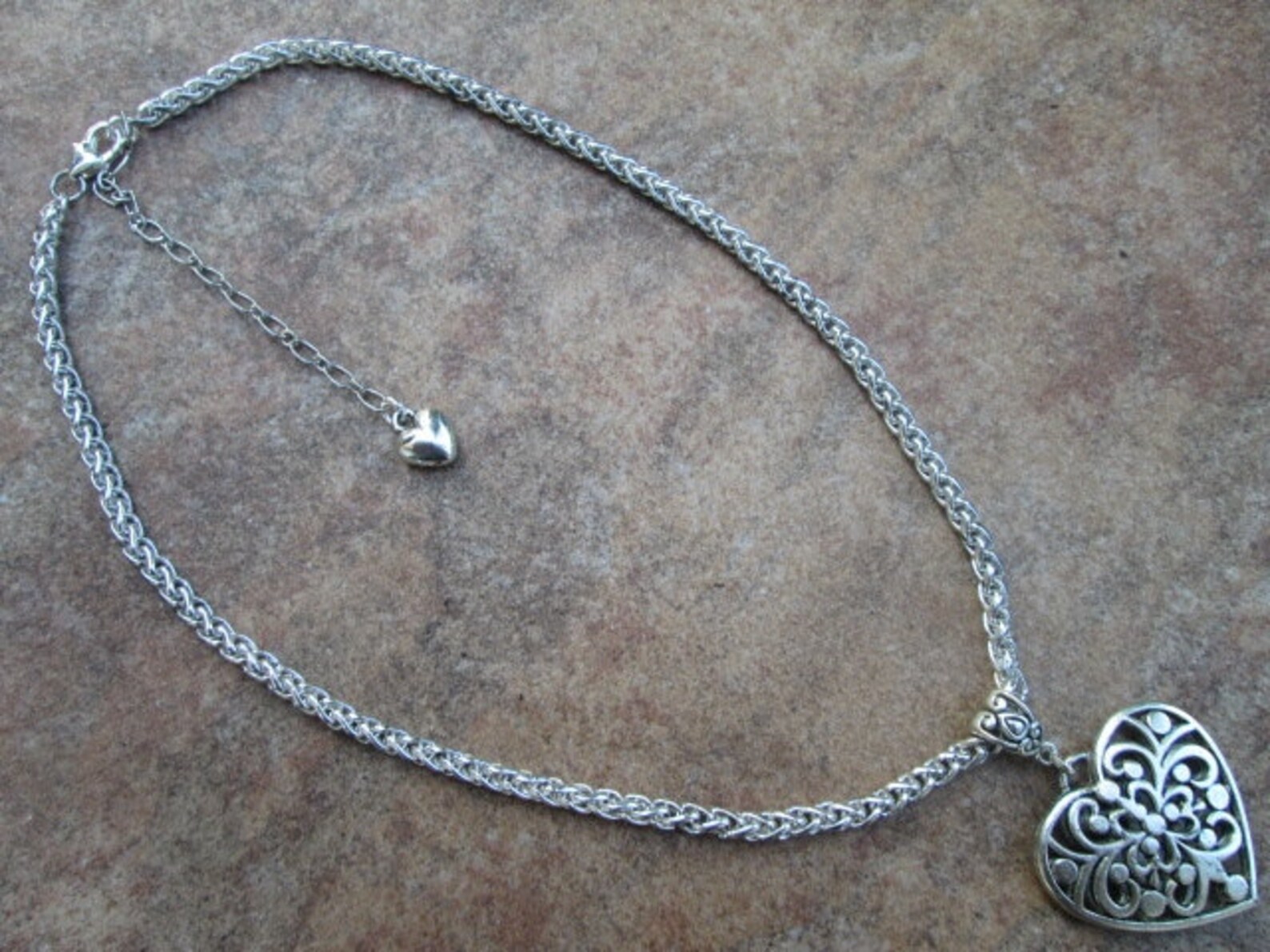 Silver Filigree Heart Necklace With Foxtail Chain 16" With 3" Extender ...
