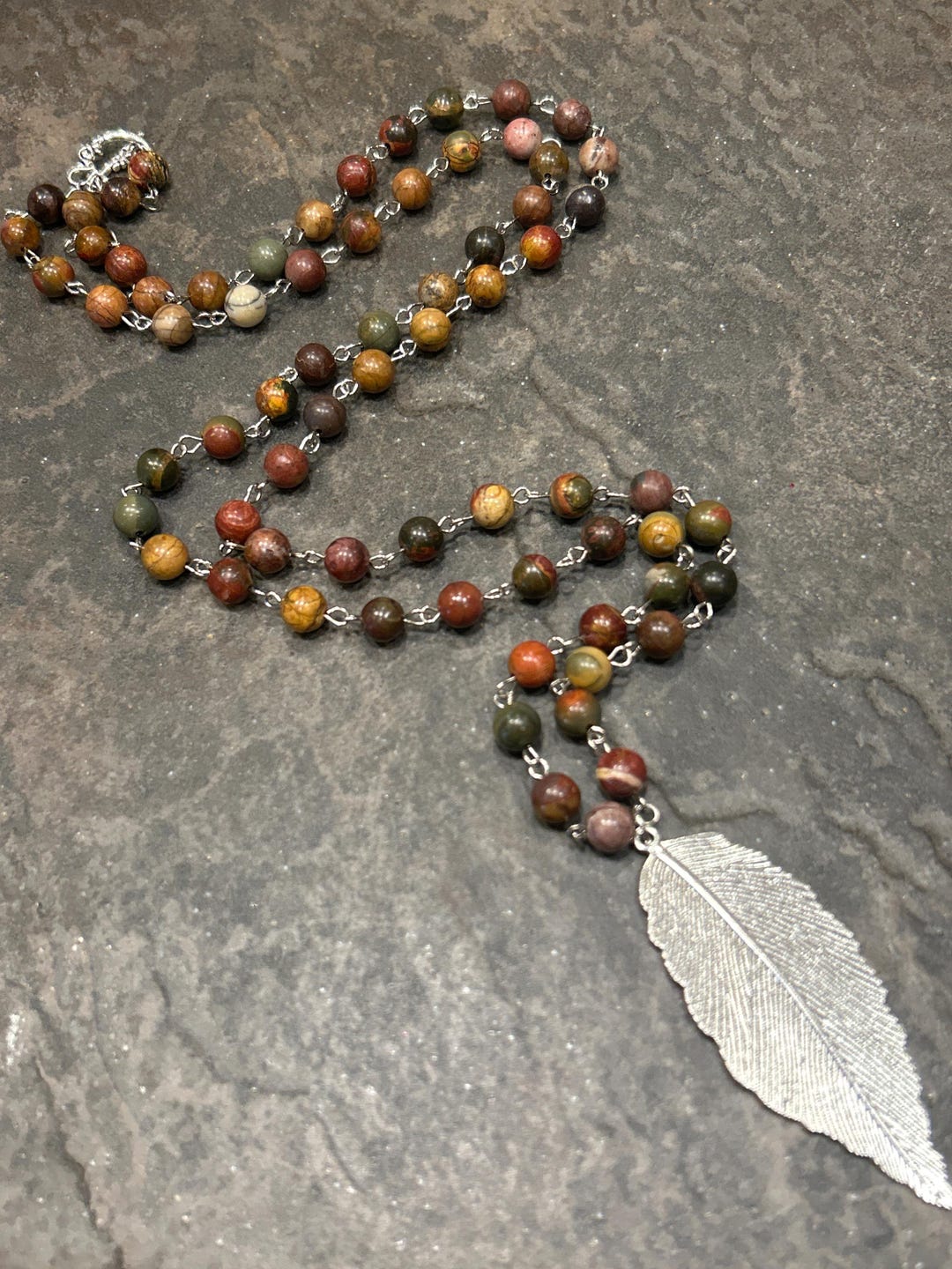 Extra Long Picasso Jasper Rosary Style Necklace With Antique Silver ...