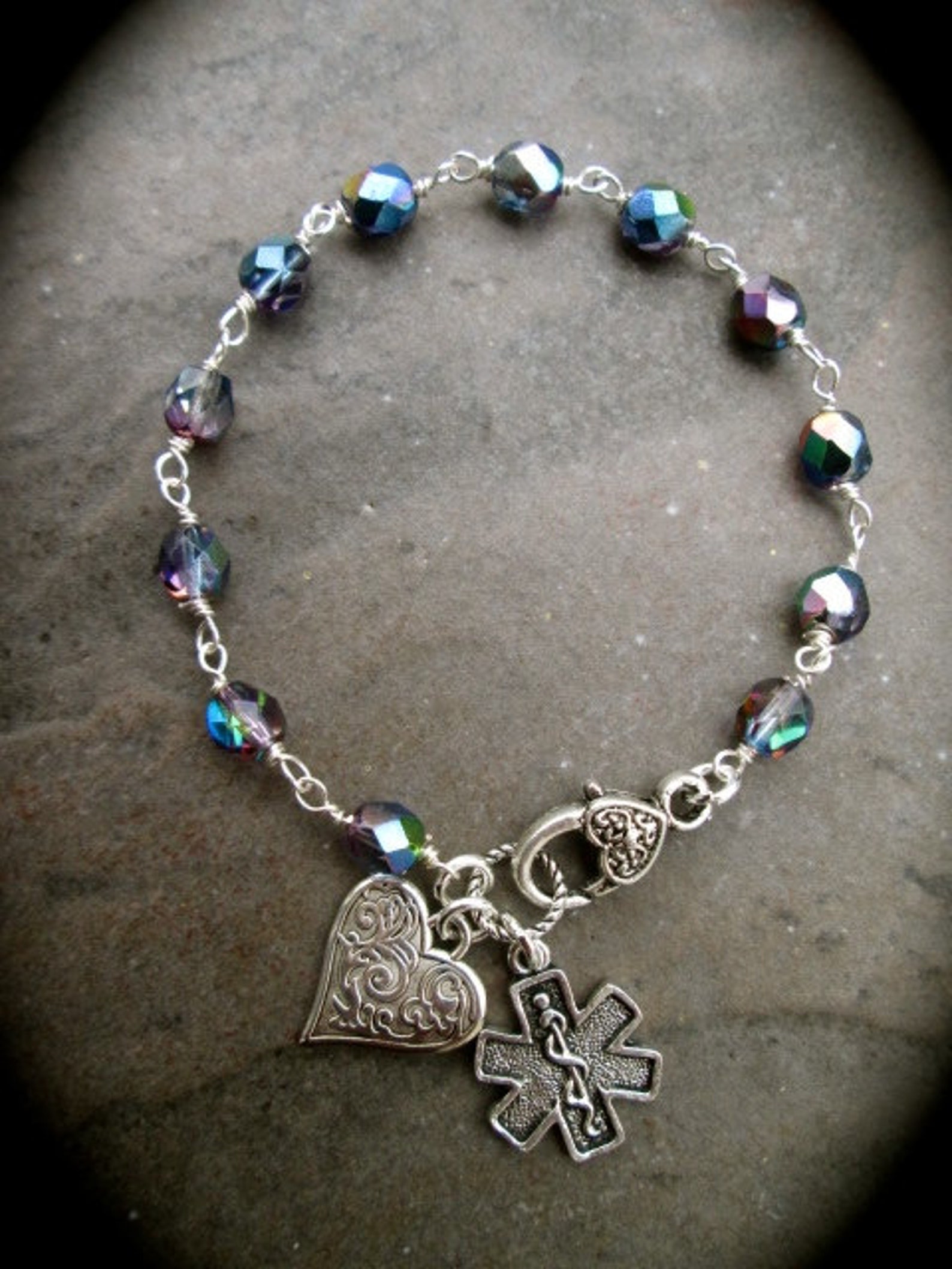 Diabetic Medical Alert Bracelet With Rosary Style Chain and Heart Charm ...